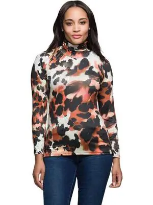 24SEVEN COMFORT APPAREL Long Sleeve Turtleneck Animal Print Top - Brown Multi