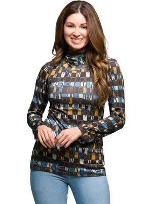24SEVEN COMFORT APPAREL Mock Neck Long Sleeve Printed Top - Brown Multi