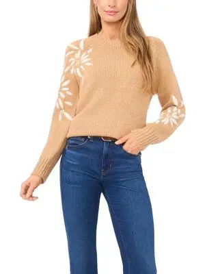 Halogen Embroidered Floral Long Sleeve Sweater - Latte Heather