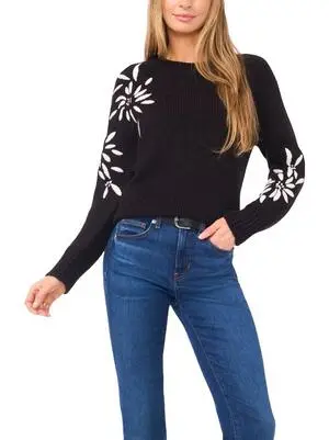 Halogen Embroidered Floral Long Sleeve Sweater - Rich Black