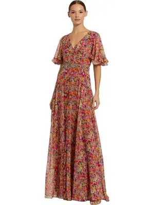 Mac Duggal Floral Printed Chiffon Flutter Sleeve Gown - Pink Multi