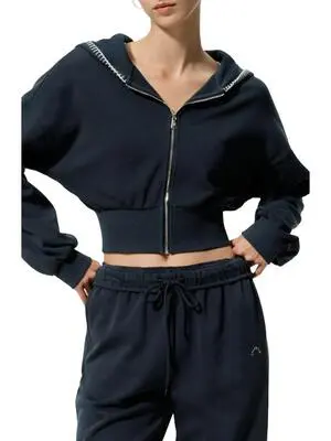 Lilysilk SILKERRY Cropped Fit Seamflow Zip-Up Sweatshirt Navy
