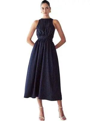 WILLA Liliana Fit-and-flare Maxi Dress - Navy Pinstripe