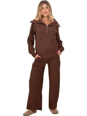 PINKBLUSH Ribbed Half Zip Pullover Wide Leg Pant Set - Brown