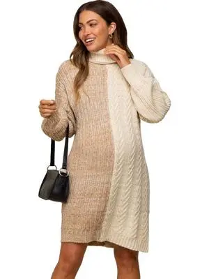 PINKBLUSH Color Blocked Turtleneck Sweater Dress - Taupe