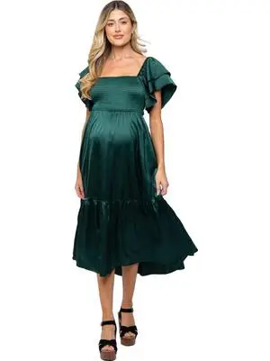 PINKBLUSH Satin Flutter Sleeve Midi Dress - Forest Green