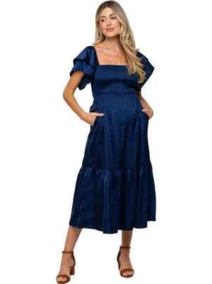 PINKBLUSH Satin Flutter Sleeve Midi Dress - Navy Blue