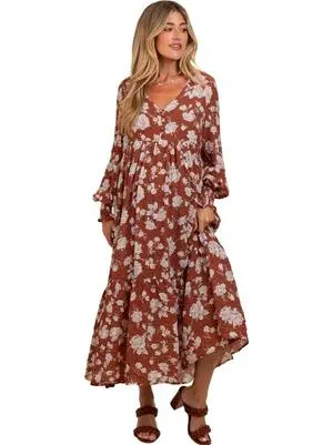 PINKBLUSH Floral Textured Bubble Sleeve Maxi Dress - Rust