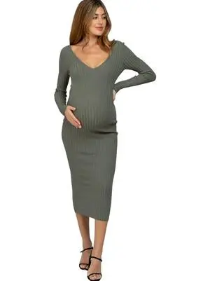 PINKBLUSH V-neck Long Sleeve Fitted Maxi Dress - Light Olive