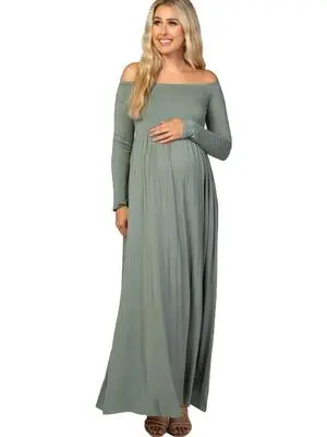 PINKBLUSH Off Shoulder Long Sleeve Maxi Dress - Light Olive