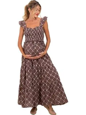 PINKBLUSH Floral Embroidered Tiered Maxi Dress - Brown