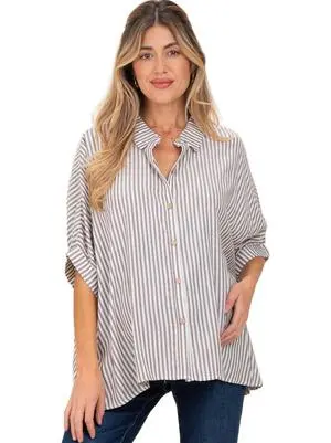 PINKBLUSH Striped Button-up Dolman Top - Brown