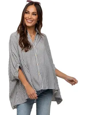 PINKBLUSH Striped Button Up Dolman Top - Charcoal Grey