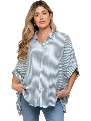 PINKBLUSH Striped Button-up Dolman Top - Teal