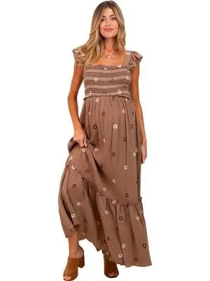PINKBLUSH Floral Embroidered Smocked Maxi Dress - Mocha