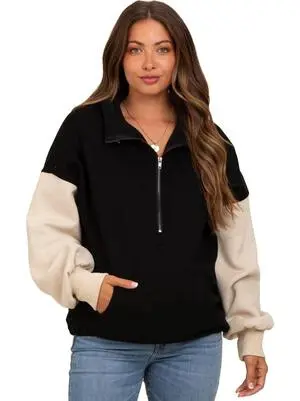 PINKBLUSH Colorblock Half Zip Maternity Hoodie - Black