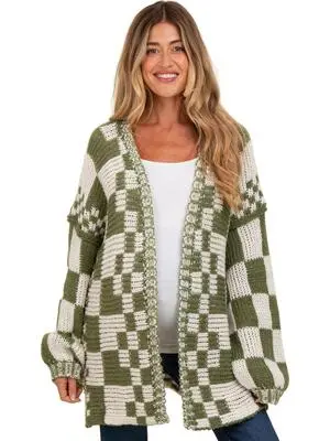 PINKBLUSH Mixed Check Pattern Chunky Cardigan - Olive Green