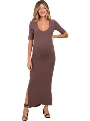 PINKBLUSH Ruched Short Sleeve Side Slit Midi Dress - Brown