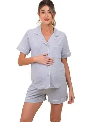 PINKBLUSH Short Sleeve Button Down Shirt And Shorts Set - Heather Grey