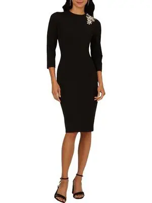 Adrianna Papell Floral Appliqué Crepe Sheath Cocktail Dress - Black