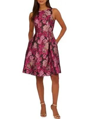 Adrianna Papell Floral Jacquard Fit & Flare Dress - Pink/black Multi