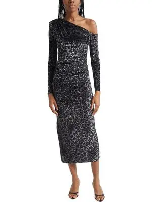 RAMY BROOK Anastasia Leopard Spot Velvet Burnout One-Shoulder Midi Dress