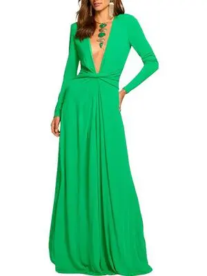 Ramy Brook Martini Plunge Neck Long Sleeve Gown - Bright Palm