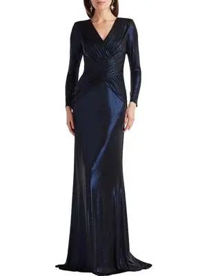 Tadashi Shoji Metallic Surplice V-neck Gown - Royal Navy