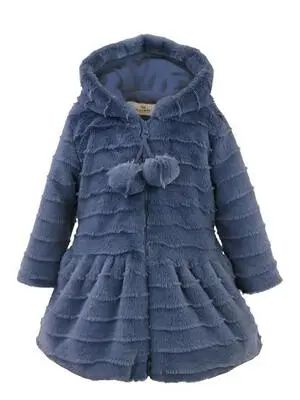 WIDGEON Faux Fur Hooded Coat With Pom Poms - Navy Lash Stripe