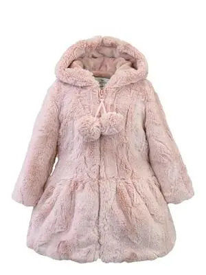 WIDGEON Faux Fur Hooded Coat With Pom Poms - Pink Chow Chow