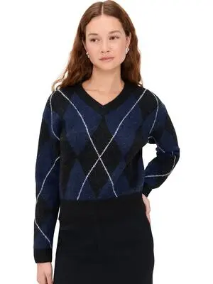 LE BOP Argyle V-neck Pullover Sweater - Navy Combo