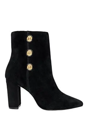 L'Agence Theodora Suede Booties With Block Heel And Lion Head Buttons - Black Suede/gold Lion