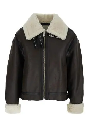 DUNST Shearling Jacket With Belted Collar - Brown