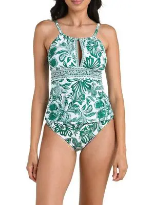 La Blanca Botanical Brocade Keyhole Tankini Top - Jungle