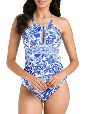 La Blanca Botanical Brocade Keyhole Tankini Top - Lapis