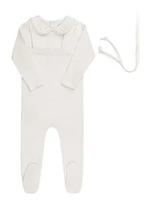 ELY'S & CO. Embroidered Collar Bodysuit, Overalls And Bonnet Set Ivory Girl