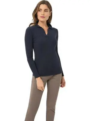 Anatomie Ribbed Sweater Knit Collared Top - Navy