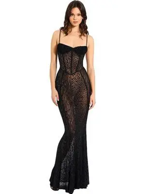 MISS CIRCLE Ulanii Sheer Mesh Burnout Velvet Maxi Dress - Black