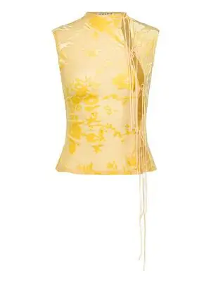 SAEMDI Flocked Floral Velvet Top - Yellow Floral/peach