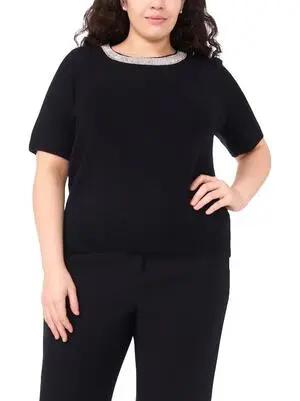 Halogen Rhinestone Trimmed Crewneck Sweater - Rich Black