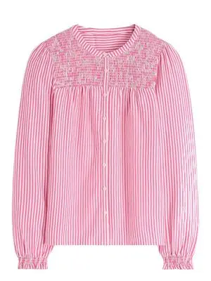Boden Elsa Smocked Woven Shirt - Pink Ribbon Stripe