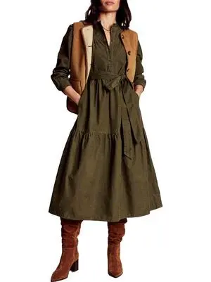 Boden Cecily Belted Long Sleeve Cotton Corduroy Midi Dress - Woodland Green