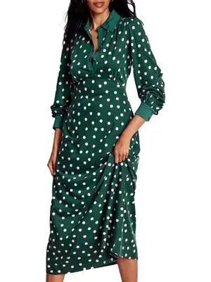 Boden Polka Dot Empire Waist Long Sleeve Dress - Emerald Night Painted Dot