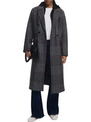 Desigual Tartan Plaid Overcoat With Removable Hoodie Inset - Medium Gray