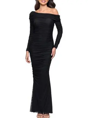 Betsy & Adam Ruched One-shoulder Long Sleeve Mesh Gown - Black