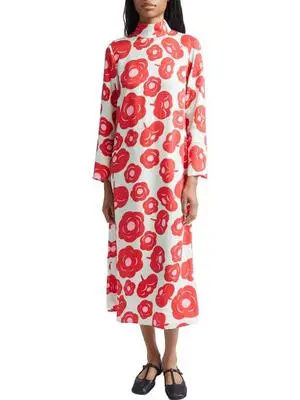 Marimekko Aikakausi Long Sleeve Midi Shift Dress - Light Turquoise Red Pink