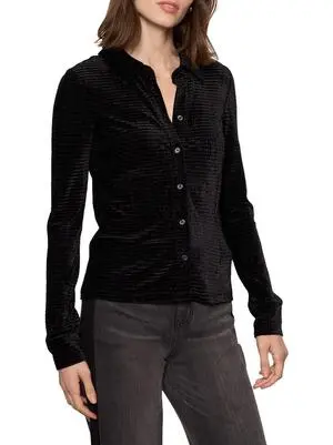 Sanctuary Fitted Textured Stripe Velvet Button-up Shirt - Black