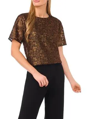 Halogen Lace Short Sleeve Top - Bronze