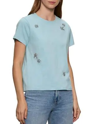 Sanctuary Floral Crystal-Embellished Organic Cotton T-Shirt Aquamarine Blue