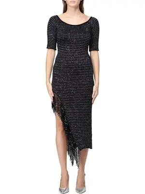 SIMONA CORSELLINI Striped Dress With Fringed Slit - Black